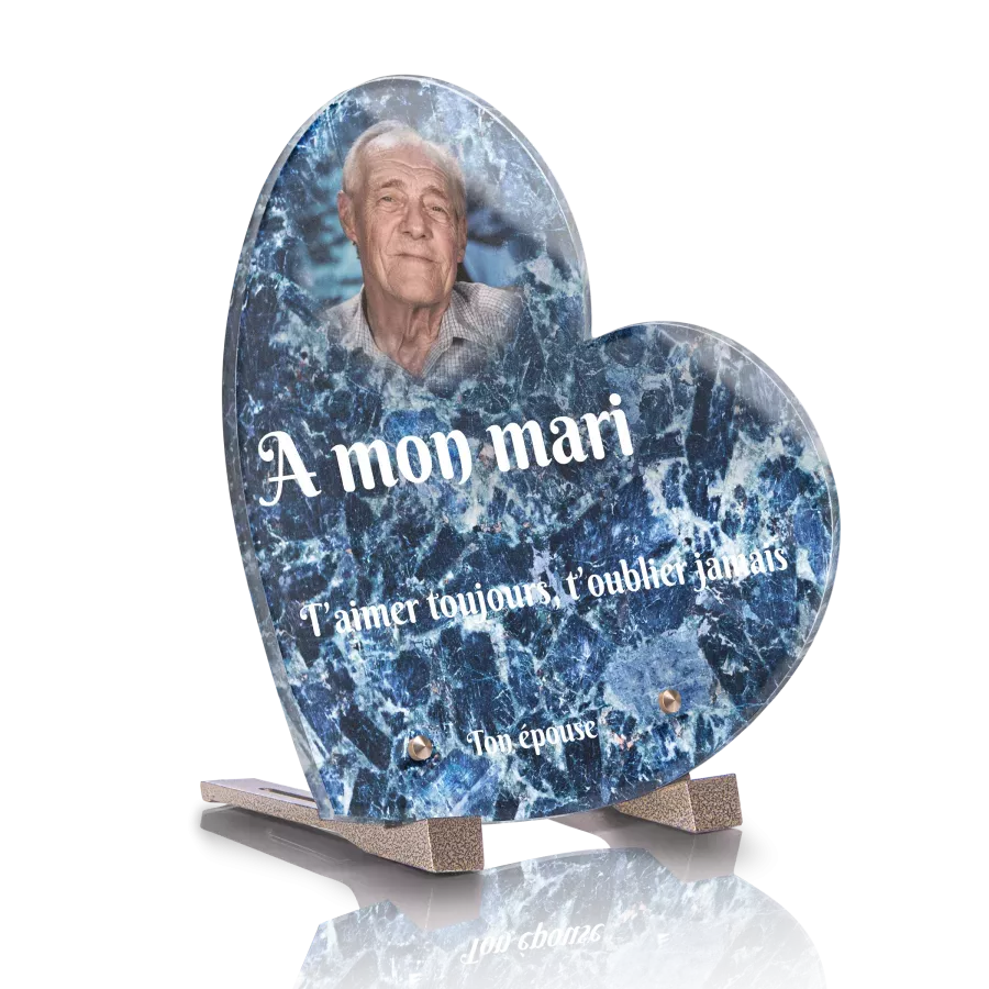 Plaque Funéraire Coeur effet Granit Labrador bleu | Le Coq Funéraire